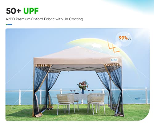 Quictent 8'x8' Ez Pop up Canopy Tent with Netting Screened, Outdoor Instant Portable Gazebo Screen House Room Tent -Fully Sealed, Waterproof & Sand Bags Included (Tan)