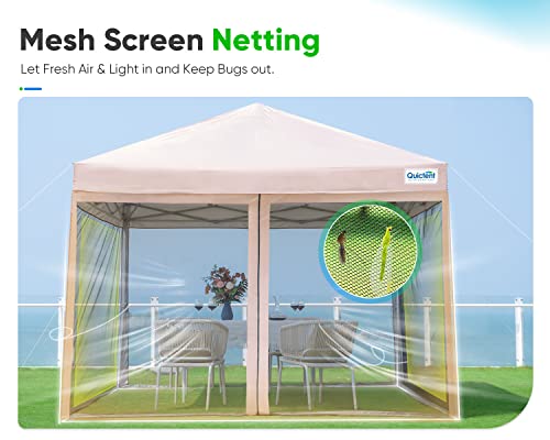 Quictent 8'x8' Ez Pop up Canopy Tent with Netting Screened, Outdoor Instant Portable Gazebo Screen House Room Tent -Fully Sealed, Waterproof & Sand Bags Included (Tan)