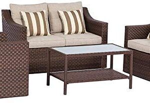 SOLAURA Patio Furniture Set Outdoor Conversation Set All Weather Wicker Furniture 4 Pieces Sectional Sofa Set with Tempered Glass Coffee Table-Brown