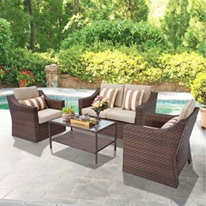 SOLAURA Patio Furniture Set Outdoor Conversation Set All Weather Wicker Furniture 4 Pieces Sectional Sofa Set with Tempered Glass Coffee Table-Brown