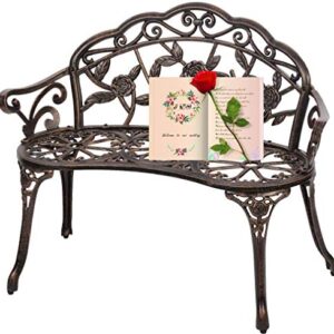 Patio Bench Outdoor Garden Bench,Metal Park Bench 39.7" Outside Porch Chair,Cast Iron Sturdy Steel Frame Furniture Chair for Yard Porch Entryway Lawn Decor Deck,Clearance Floral Rose Bench,Bronze