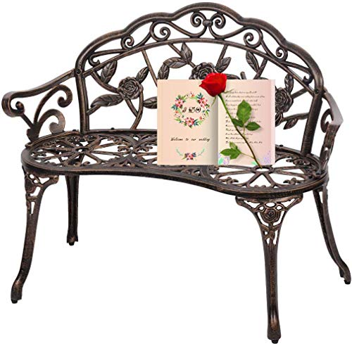 Patio Bench Outdoor Garden Bench,Metal Park Bench 39.7" Outside Porch Chair,Cast Iron Sturdy Steel Frame Furniture Chair for Yard Porch Entryway Lawn Decor Deck,Clearance Floral Rose Bench,Bronze