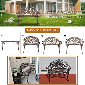 Patio Bench Outdoor Garden Bench,Metal Park Bench 39.7" Outside Porch Chair,Cast Iron Sturdy Steel Frame Furniture Chair for Yard Porch Entryway Lawn Decor Deck,Clearance Floral Rose Bench,Bronze