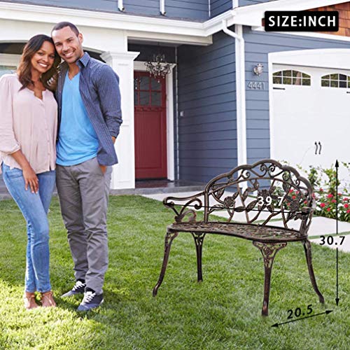 Patio Bench Outdoor Garden Bench,Metal Park Bench 39.7" Outside Porch Chair,Cast Iron Sturdy Steel Frame Furniture Chair for Yard Porch Entryway Lawn Decor Deck,Clearance Floral Rose Bench,Bronze