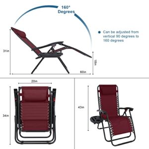 ABCCANOPY Zero Gravity Adjustable Reclining Patio Chair Lounge Chair with Removable Pillow and Cup Holder Tray, (Burgundy)