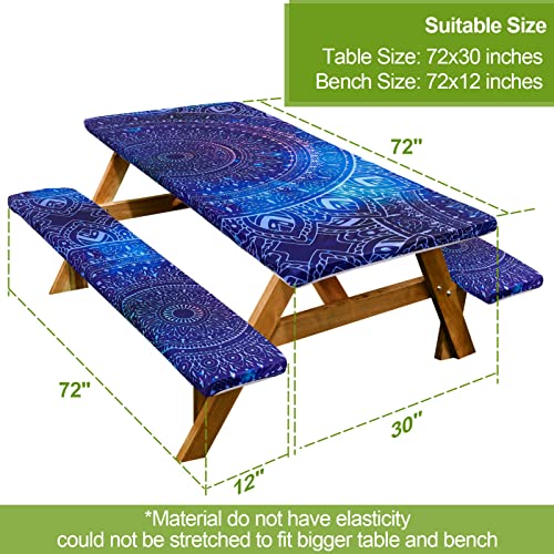 Picnic Table Cover with Bench Covers 3 Pcs Waterproof Windproof Camping Tablecloth with Drawstring Bag, Fitted for 6 Foot Rectangle Tables and Seats, Blue Purple