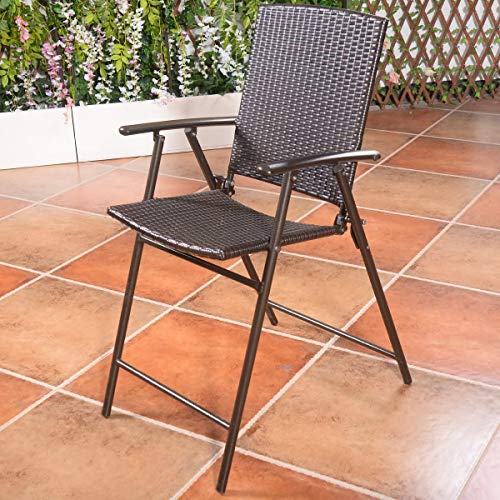 LUARANE Folding 4 Pieces Wicker Rattan Chairs, Tall Bar Stool Set with Back Steel Frame Footrest Armrest, Weather-Resistant Comfortable Chairs for Outdoor Indoor Garden Patio Furniture Set, Brown