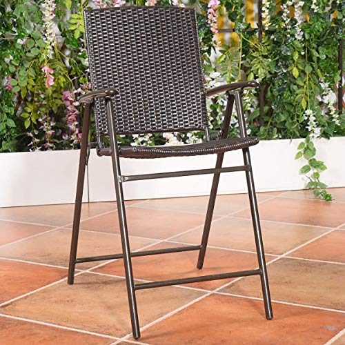 LUARANE Folding 4 Pieces Wicker Rattan Chairs, Tall Bar Stool Set with Back Steel Frame Footrest Armrest, Weather-Resistant Comfortable Chairs for Outdoor Indoor Garden Patio Furniture Set, Brown