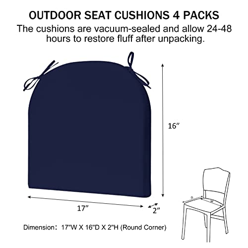 downluxe Outdoor Chair Cushions, Waterproof Round Corner Memory Foam Seat Cushions with Ties for Garden Patio Funiture, 17" x 16" x 2", Navy, 4 Pack