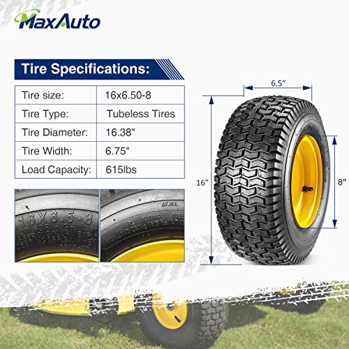 MaxAuto 2Pcs 16x6.50-8 Front Tires and Wheels Assembly for Lawn Mower Tractors, 3" Offset Long Hub with 3/4"Bearings, Pneumatic Tire