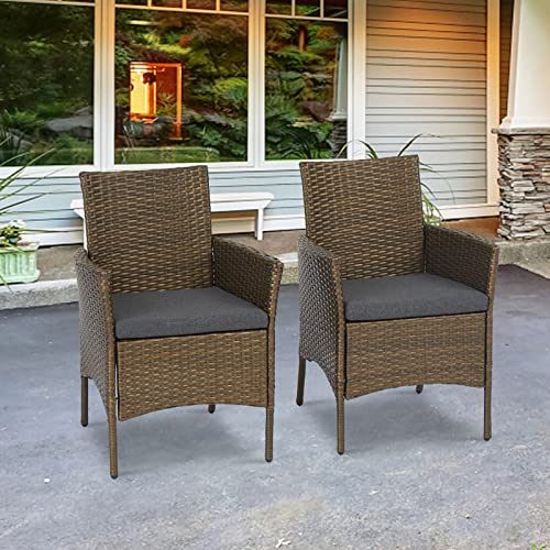 Kinsunny 2 PCS Outdoor Wicker Rattan Chairs with Cushions, Patio Dining Chairs Set of 2, PE Rattan Patio Chair Set for Deck, Porch, Balcony, Brown