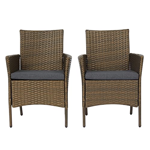 Kinsunny 2 PCS Outdoor Wicker Rattan Chairs with Cushions, Patio Dining Chairs Set of 2, PE Rattan Patio Chair Set for Deck, Porch, Balcony, Brown