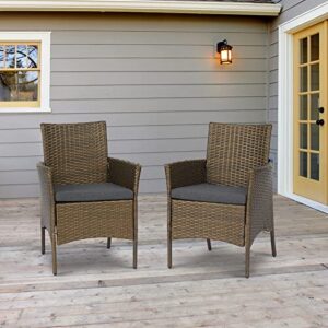 Kinsunny 2 PCS Outdoor Wicker Rattan Chairs with Cushions, Patio Dining Chairs Set of 2, PE Rattan Patio Chair Set for Deck, Porch, Balcony, Brown