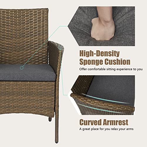 Kinsunny 2 PCS Outdoor Wicker Rattan Chairs with Cushions, Patio Dining Chairs Set of 2, PE Rattan Patio Chair Set for Deck, Porch, Balcony, Brown