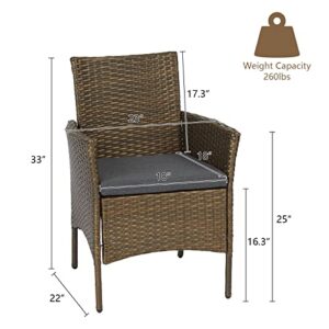 Kinsunny 2 PCS Outdoor Wicker Rattan Chairs with Cushions, Patio Dining Chairs Set of 2, PE Rattan Patio Chair Set for Deck, Porch, Balcony, Brown