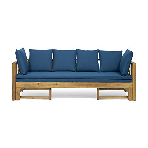 Great Deal Furniture Camille Beach Outdoor Extendable Acacia Wood Daybed Sofa, Teak and Dark Teal