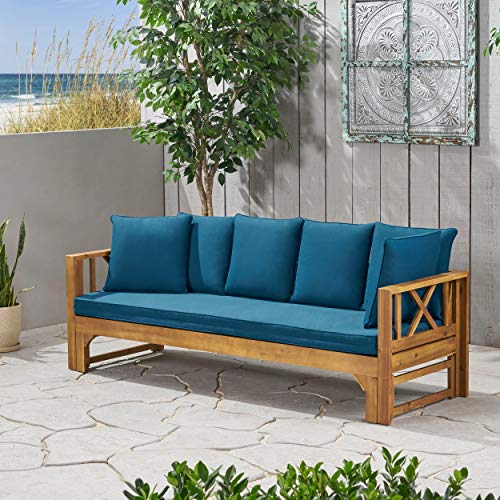 Great Deal Furniture Camille Beach Outdoor Extendable Acacia Wood Daybed Sofa, Teak and Dark Teal