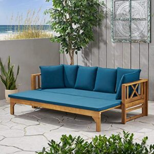 Great Deal Furniture Camille Beach Outdoor Extendable Acacia Wood Daybed Sofa, Teak and Dark Teal