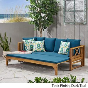 Great Deal Furniture Camille Beach Outdoor Extendable Acacia Wood Daybed Sofa, Teak and Dark Teal