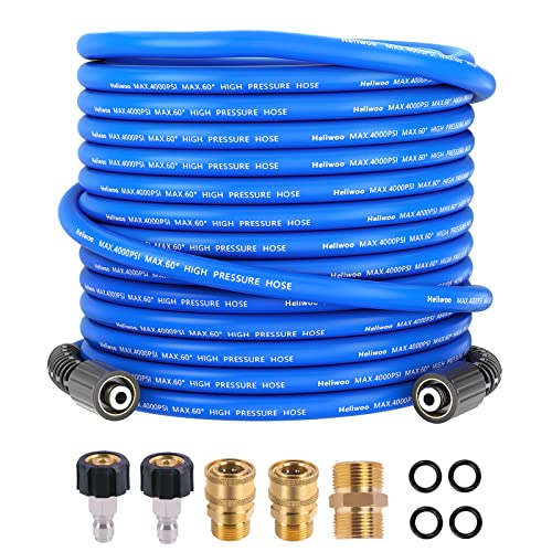 Heliwoo Pressure Washer Hose 50 FT x 1/4", Upgrade Kink Resistant Pro-Flexible Electric Power Washing Hose, 4000 PSI Replacement Extension Hose with Swivel Thread x 3/8" Quick Connect 5 Set