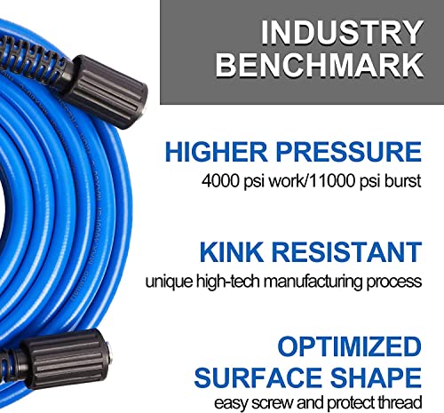 Heliwoo Pressure Washer Hose 50 FT x 1/4", Upgrade Kink Resistant Pro-Flexible Electric Power Washing Hose, 4000 PSI Replacement Extension Hose with Swivel Thread x 3/8" Quick Connect 5 Set