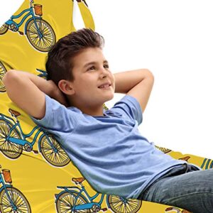 lunarable bicycle lounger chair bag, pattern with blue hand-drawn vintage bikes on a yellow background, high capacity storage with handle container, lounger size, mustard blue