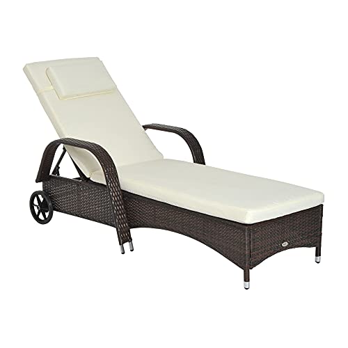 Outsunny Reclining Chaise Lounge Chair, Thickly Cushioned, Headrest, Armrests, Rolling Outdoor Plastic Rattan Sun Bathing Chair with Wheels for Poolside, Pool, Patio, Mixed Brown