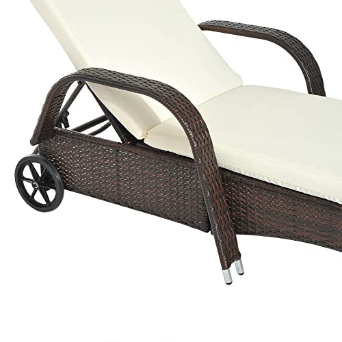 Outsunny Reclining Chaise Lounge Chair, Thickly Cushioned, Headrest, Armrests, Rolling Outdoor Plastic Rattan Sun Bathing Chair with Wheels for Poolside, Pool, Patio, Mixed Brown