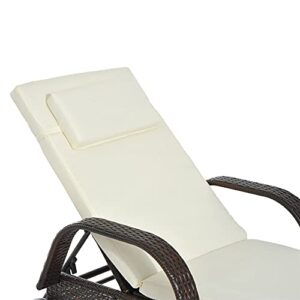 Outsunny Reclining Chaise Lounge Chair, Thickly Cushioned, Headrest, Armrests, Rolling Outdoor Plastic Rattan Sun Bathing Chair with Wheels for Poolside, Pool, Patio, Mixed Brown