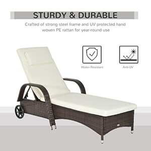 Outsunny Reclining Chaise Lounge Chair, Thickly Cushioned, Headrest, Armrests, Rolling Outdoor Plastic Rattan Sun Bathing Chair with Wheels for Poolside, Pool, Patio, Mixed Brown