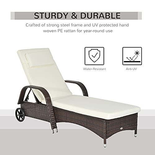 Outsunny Reclining Chaise Lounge Chair, Thickly Cushioned, Headrest, Armrests, Rolling Outdoor Plastic Rattan Sun Bathing Chair with Wheels for Poolside, Pool, Patio, Mixed Brown