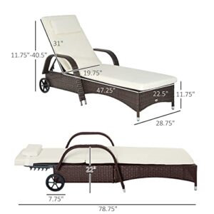 Outsunny Reclining Chaise Lounge Chair, Thickly Cushioned, Headrest, Armrests, Rolling Outdoor Plastic Rattan Sun Bathing Chair with Wheels for Poolside, Pool, Patio, Mixed Brown