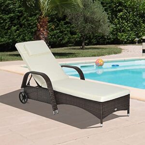 Outsunny Reclining Chaise Lounge Chair, Thickly Cushioned, Headrest, Armrests, Rolling Outdoor Plastic Rattan Sun Bathing Chair with Wheels for Poolside, Pool, Patio, Mixed Brown