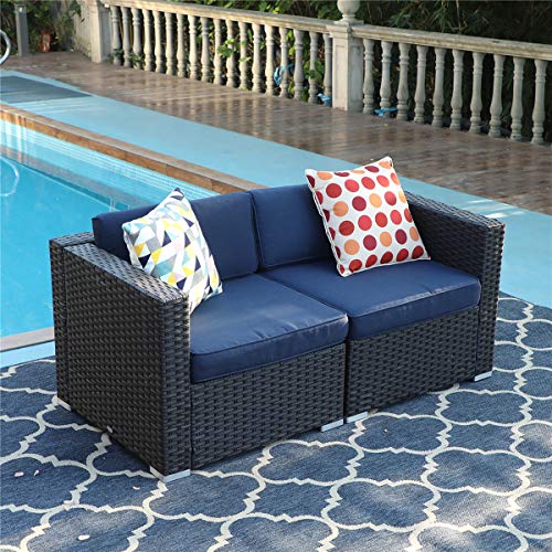 PHI VILLA 2-Piece Patio Loveseat Sofa Set with Cushions, All-Weather Use Outdoor Rattan Sectional Sofa (Navy Blue)