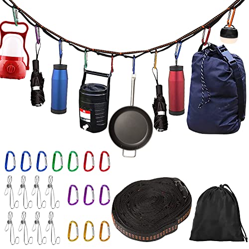 Runpon Hammock Straps,Campsite Storage Strap with 13 PCS Buckle & 8 PCS Clothes Pins for Hanging Camping Equipment,Outdoor Tent Lanyard Rope Clothesline Hammock Accessories Set Camping Essentials