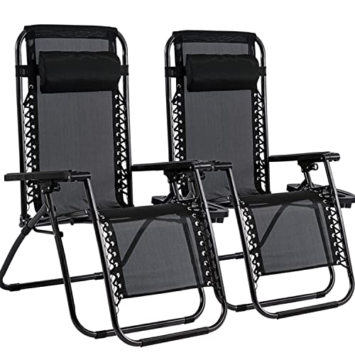 Zero Gravity Chairs, Folding Reclining patio chairs Set of 2 Adjustable Lawn Chairs with Cup Holder Padded Headrest lounge chairs, Camping accessories, for Deck, Beach, Poolside and Yard (Black)