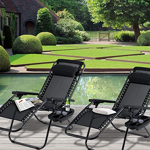 Zero Gravity Chairs, Folding Reclining patio chairs Set of 2 Adjustable Lawn Chairs with Cup Holder Padded Headrest lounge chairs, Camping accessories, for Deck, Beach, Poolside and Yard (Black)