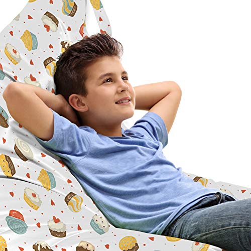 Lunarable Dessert Lounger Chair Bag, Cartoon Pattern with Muffins and Cupcakes on White Background with Hearts and Dots, High Capacity Storage with Handle Container, Lounger Size, Multicolor