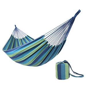 oncloud extra long and wide double hammock for travel camping backyard, porch, outdoor or indoor use, carrying pouch included (blue/green stripes)