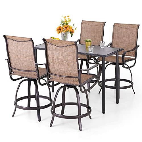 PHI VILLA Patio Swivel Bar Set of 5,Large Metal Table and Barstool with Breathable Fabric,Black Thickened Frame and 360 Degree Swivel Bar Height Chairs for Lawn,Garden