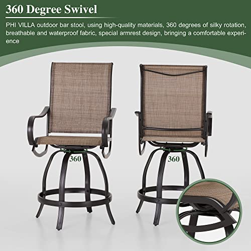 PHI VILLA Patio Swivel Bar Set of 5,Large Metal Table and Barstool with Breathable Fabric,Black Thickened Frame and 360 Degree Swivel Bar Height Chairs for Lawn,Garden