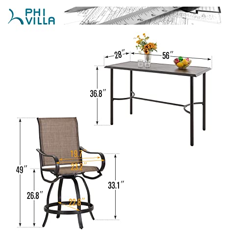 PHI VILLA Patio Swivel Bar Set of 5,Large Metal Table and Barstool with Breathable Fabric,Black Thickened Frame and 360 Degree Swivel Bar Height Chairs for Lawn,Garden