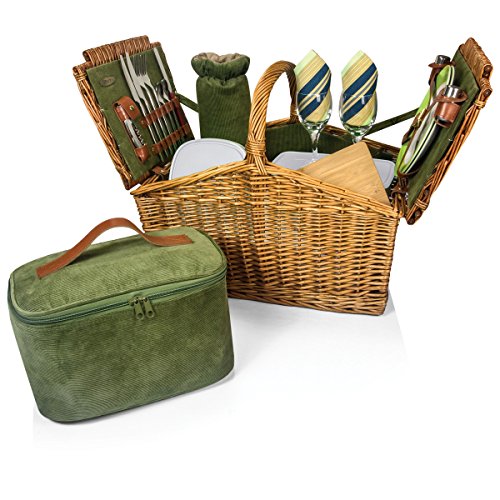 PICNIC TIME Somerset Deluxe Blanket, Soft Cooler Bag, & Romantic Picnic Wine Basket, One Size, Sage Green