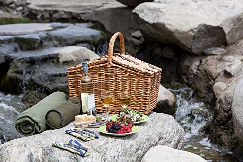 PICNIC TIME Somerset Deluxe Blanket, Soft Cooler Bag, & Romantic Picnic Wine Basket, One Size, Sage Green