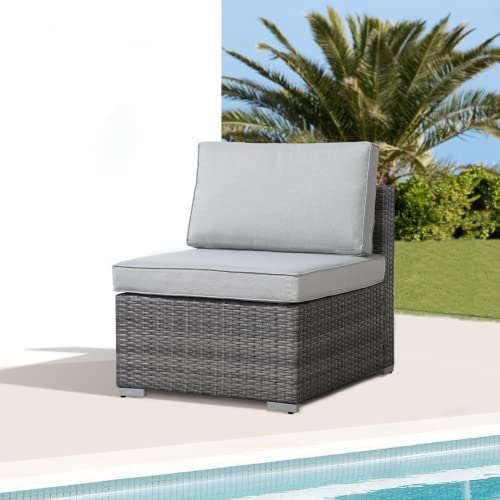 Patiorama Patio Armless Sofa, Outdoor Single Sofa, All-Weather Grey PE Wicker Rattan Sectional Sofa, Additional Chair for Furniture Set, Patio Seating for Balcony Garden Pool (Light Grey Cushion)