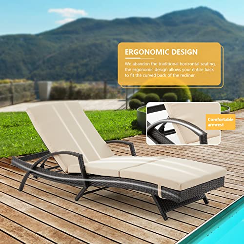 RYNSTO Patio Lounge Chair Rattan Chaise Lounge Chair with Adjustable Backrest Thickened Cushion, PE Rattan Steel Frame Outdoor Reclining Chaise for Patio Backyard Porch Garden Poolside, Khaki