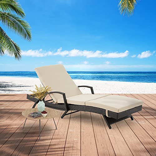 RYNSTO Patio Lounge Chair Rattan Chaise Lounge Chair with Adjustable Backrest Thickened Cushion, PE Rattan Steel Frame Outdoor Reclining Chaise for Patio Backyard Porch Garden Poolside, Khaki