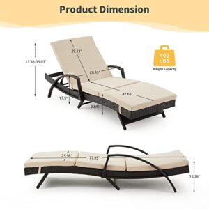 RYNSTO Patio Lounge Chair Rattan Chaise Lounge Chair with Adjustable Backrest Thickened Cushion, PE Rattan Steel Frame Outdoor Reclining Chaise for Patio Backyard Porch Garden Poolside, Khaki