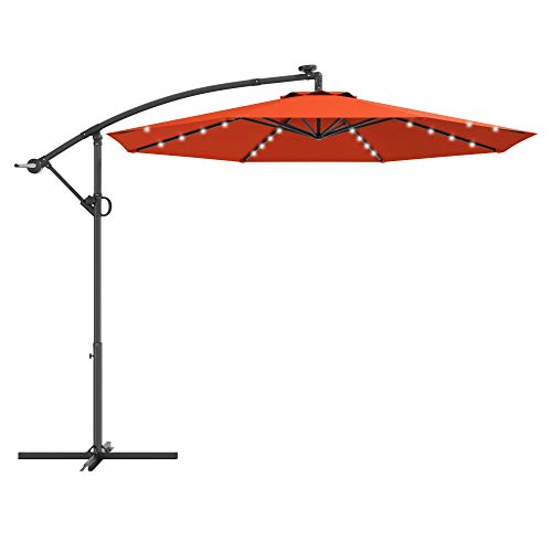 Tangkula 10 FT Patio Offset Umbrella with 360 Degree Rotation, Solar Powered LED Umbrella with Crank Handle & Cross Base, Outdoor Market Umbrella with Aluminum Pole