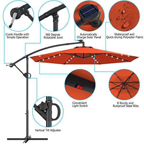 Tangkula 10 FT Patio Offset Umbrella with 360 Degree Rotation, Solar Powered LED Umbrella with Crank Handle & Cross Base, Outdoor Market Umbrella with Aluminum Pole